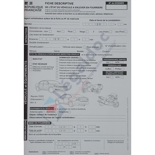 Carnet de fiches descriptives de l’état du véhicule à enlever en fourrière